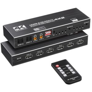 zptek 4k hdmi matrix switch 4 x 2,4 in 2 out video switcher splitter, optical and lr audio outputwith ir remote controller,support 4k@60hz 3d 18.5gbps x 3 data rate, hdmi 2.0b, hdcp 2.2, mh42-c1