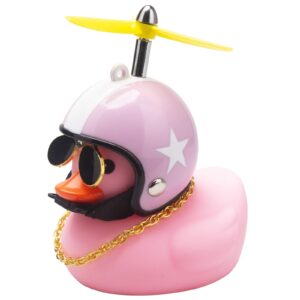 wonuu pink duck car dashboard decorations rubber duck car ornaments cool duck with propeller helmet sunglasses gold chain (pink hat white star)