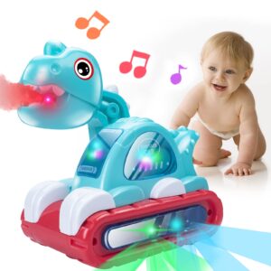 unih musical baby toys for 1 year old boy girl, infant crawling toys dinosaur car with mist and lights toys for 6 to 12-18 months