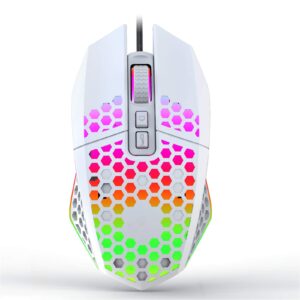 uiosmuph x801 wired gaming mouse, honeycomb lightweight gaming mouse with rgb backlit, 7 programmable buttons and one-click desktop, 8000 dpi optical usb gamer mouse for mac, laptop, computer - white