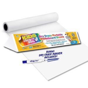 clingers dry erase kids cling-rite rolls, portable whiteboard, 50' ft roll, sheet size 20x30 for kids drawing and planning, school, arts and crafts with 20 white sheets and bonus dry erase marker