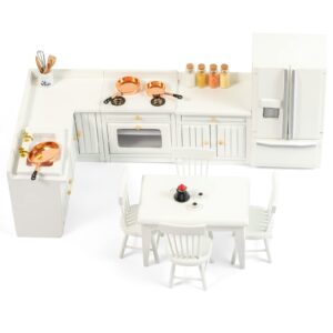 samcami wooden dollhouse furniture set - miniature dollhouse furniture 1 12 scale for dollhouse kitchen - doll house furniture toys incl kitchen cabinets, dining table, refrigerator and others (white)