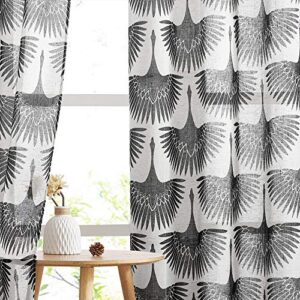 kgorge sheer curtains 84 inch length - natural linen floral curtains geometric print half translucent washable window drapes for bedroom living room french door, set of 2, black