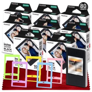 fujifilm instax square black instant film (80 exposures) with album, frames, and fibertique microfiber cleaning cloth accessories bundle for photographers and artists