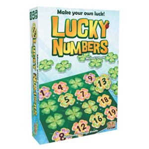 tiki editions lucky numbers - be first to complete your garden; 1 rule - numbers in each row & each column must be arranged in ascending order; draw, place or swap clovers, 1-4 players, 20 min, 8+