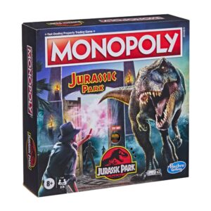 monopoly: jurassic park edition board game for kids ages 8 and up, includes t. rex token, electronic gate plays sfx and movie theme