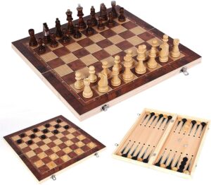 wooden chess set folding, 3 in 1 wooden chess checkers backgammon set with storage for pieces - for adults beginners and kids aged 4+