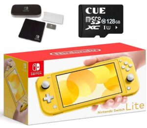 newest nintendo switch lite game console, 5.5 inch lcd touchscreen, built-in plus control pad, speakers, 3.5mm audio jack, speakers, with cue 128gb microsd & 3-in-1 case (yellow)