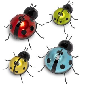 aboxoo garden metal ladybug decor set of 4, outdoor wall art ladybugs decorations, colorful statues outdoor indoor wall sculptures