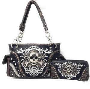 texas west women's embroidered metal skull purse handbag and wallet set in 7 colors (black set)