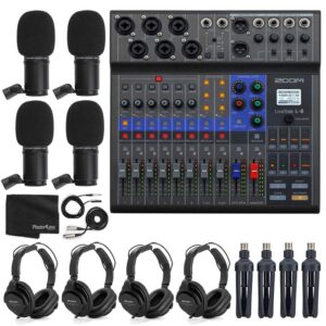 zoom livetrak l-8 portable 8-channel digital mixer and multitrack recorder bundle with 4x zoom zdm-1 mic with headphones, windscreens and stands + cleaning cloth – 4 person podcasting bundle