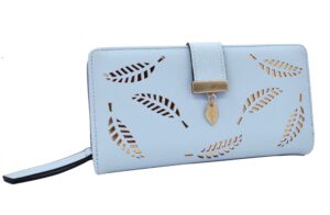 women’s long zipper fold wallet with leave form pendant multifunctional card holder clutch purse with snap fastener(blue)