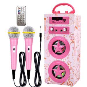 indecool kids bluetooth karaoke machine with 2 microphones, rechargeable remote control wireless karaoke speaker portable karaoke machine music mp3 player for kids adult party gift (pink)