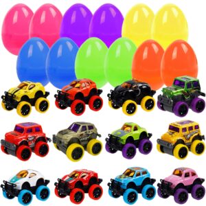 waterglide set of 12 pull back cars for 3-6 year old boys, easter eggs filled with pullback monster vehicles toys, easter egg hunt, basket stuffers filler, party favor easter gifts for boys age 3-6