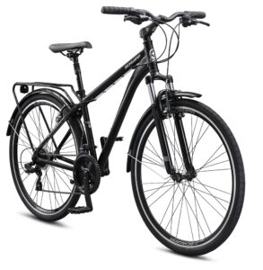 schwinn discover 2 adult hybrid bike for men and women, 700c wheels, 21-speeds, 17-inch step-over frame, front and rear fenders, rear cargo rack, black