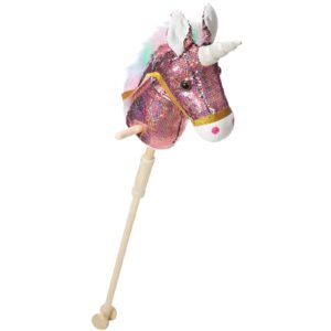 hollyhome sequin unicorn stick horse handcrafted hobby horse on a stick with wood wheels real pony neighing and galloping sounds plush unicorn toy pink 36 inches(aa batteries required)