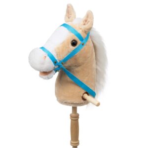 hollyhome stick horse plush handcrafted hobby horse on a stick with wood wheels real pony neighing and galloping sounds for kids toddlers beige 36 inches(aa batteries required)