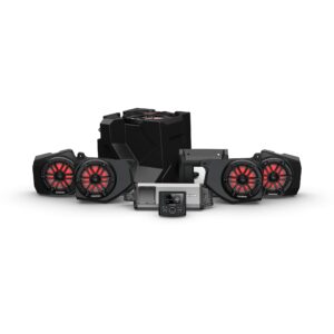 rockford fosgate rngr18-stg4 audio kit: pmx-2 receiver, 1500-watt amp, m1 series color optix multicolor led lighted front & rear speakers plus subwoofer for select polaris ranger models (2018-2022)