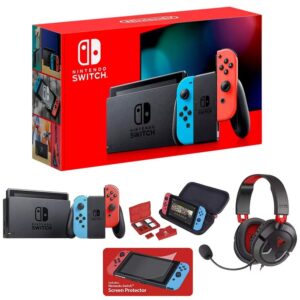 nintendo switch console + essential gamer gear bundle with rds game traveler deluxe travel case and turtle beach recon 50 headset (us warranty, 64gb sd card bundle, neon)