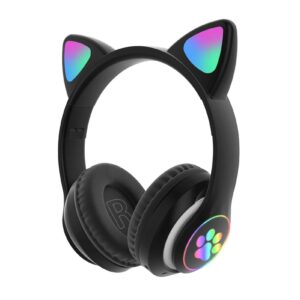 uxely girl wireless gaming headset, cute cat ear headset with led lights, noise cancelling stereo gaming headphones, fashion bluetooth 5.0 headset for kids & adults wearing