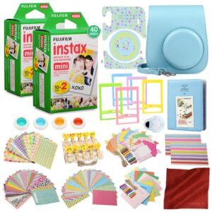 fujifilm instax mini 11 (sky blue) 168 piece accessory bundle w/fujifilm instax mini instant film (40 exposures) camera case w/strap, selfie lens, album, stickers, frames & more