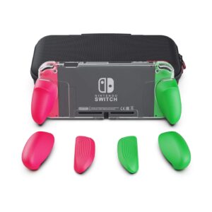 skull & co. gripcase crystal bundle: a dockable transparent protective cover case with replaceable grips [to fit all hands sizes] for nintendo switch -neon pink & green