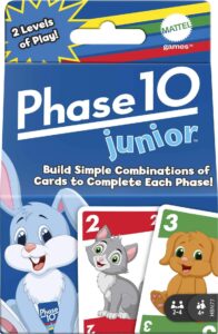 phase 10 junior card game, multi-level rummy-style matching colors, animals & shapes with 56 cards for 2 to 4 players, kids gift for ages 4 years & older