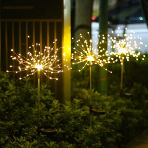 solar firework lights 2 packs solar garden decorative lights outdoor 150 led 2 modes firework string light waterproof landscape fairy lights for yard lawn pathway christmas party decor (warm white)