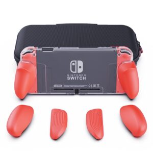 skull & co. gripcase crystal bundle: a dockable transparent protective cover case with replaceable grips [to fit all hands sizes] for nintendo switch -double neon red