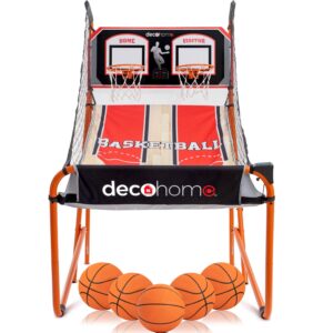 deco home arcade basketball game with dual rim backboard, includes electronic tracking led scoreboard with 8 game modes for 1-4 players, 5 game balls, air pump, folding assembly for easy storage