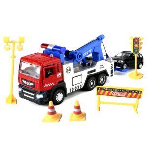 joyinus toy tow truck metal diecast truck with car pull back miniature toy trucks with sound and light for boys(with 5 pcs traffic signs)