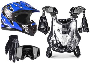 typhoon kids youth offroad helmet gloves goggles chest protector gear combo motocross atv dirt bike mx black blue ( medium )