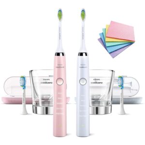 philips sonicare diamondclean holiday family bundle - electric rechargeable power toothbrush soft bristles oral care gum clean 5-modes travel case glass charger pink/white + sponge cloth