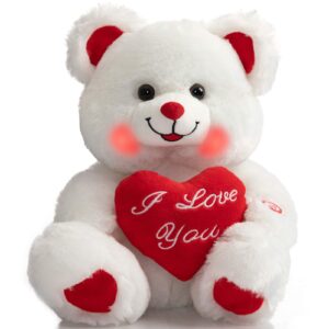 hollyhome teddy bear with heart plush bear that says i love you and blushes led stuffed toys for girlfriend and kids valentine's day 13 inch white