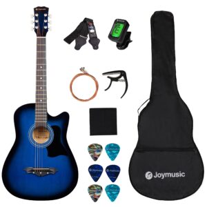 joymusic 38 inch blueburst beginner acoustic guitar kit,bundle with a strap with picks holder,digital tuner, set strings, capo,cleaning cloth,6 picks,gig bag.(jg-38c,bls)