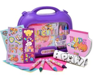 gift boutique paw patrol coloring and activity carry case, includes jumbo crayons, stickers, mess free crafts, doodle pad, gift boutique bookmark, reuse me stickers, for girls, toddlers and kids