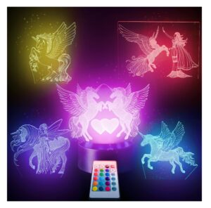 5in1 unicorn night light- 3d nightlight - for girls room, kids. 5 patterns 16 color changing bedside lamp with remote for teens of all ages. best unicorn led optical illusion lamp for room décor.