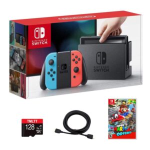 nintendo 2020 premium switch 32gb console family holiday essential bundle - neon red/neon blue joy-con, super mario odyssey, tmltt 128gb microsd card, hdmi cable