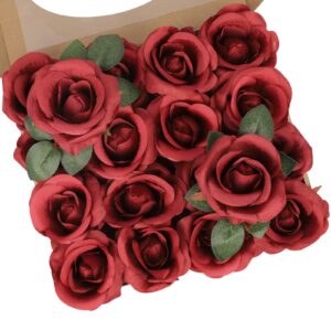 n&t nieting artificial flowers, 20pcs silk rose fake flowers with stems bridal wedding bouquet baby shower home garden party decoration, dark red