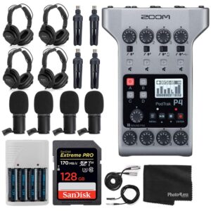 zoom podtrak p4 portable multitrack podcast recorder + 4x zoom m-1 mic + 4x headphones + 4x tabletop stand + 128gb extreme pro sdxc memory card + aa batteries and charger – 4 person podcasting bundle