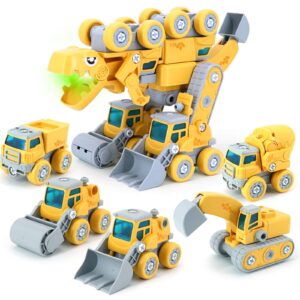 grechi take apart dinosaur toys for kids 5-8, 5 in 1 construction vehicles transform into big dinosaur robot stem toys for 3 4 5 6 7 8 year old kids, boys