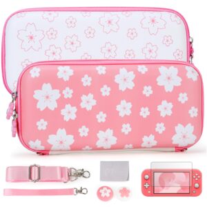 tscope cute carrying case for nintendo switch lite, pink sakura portable hard shell girls travel storage bag, with glass screen protector & thumb grip caps (switch lite pink)