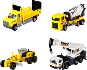 matchbox working rigs 4-pack, set of 4 toy construction trucks & equipment with moving parts (styles may vary)