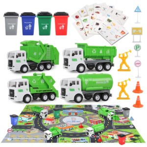 garbage truck toys for boys, 4 pcs 6" friction powered trash truck with kids playmat car rug, 8 pcs roadblock signpost, 4 trash bins with 108 pcs trash cards, toy gift for 3+ years old kid