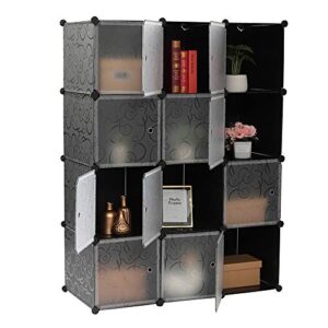 vingli cube storage, 12 cube organizer shelves, plastic closet cabinet, diy modular storage cube organizer with doors for bedroom living room office, black