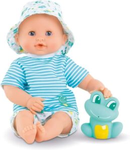 corolle bebe bath marin baby doll - 12" soft-body with rubber frog toy, safe for water play in bathtub or pool, vanilla-scented - for kids sges 18 months and up