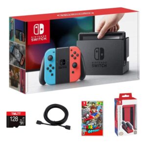 nintendo 2020 premium switch 32gb console family essential bundle - neon red/neon blue joy-con, super mario odyssey, red dual joy-con charger, tmltt 128gb microsd card, hdmi cable