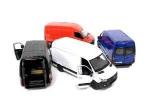 set of 4 2020 mercedez benz sprinter cargo van - diecast model toy cars (red/blue/black/white)