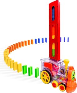 poputoy domino train, automatic domino blocks building set plastic kids children creative toy game educational play for 3-12 year old boys and girls (80pcs)