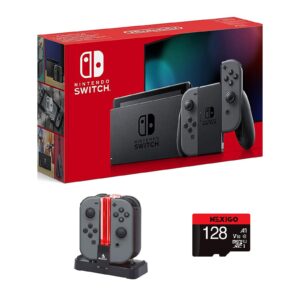 nintendo 2020 switch family christmas holiday bundle - gray, 6.2" touchscreen lcd display, bluetooth + nexigo joy-con and pro controllers charging dock + nexigo 128gb microsd card bundle